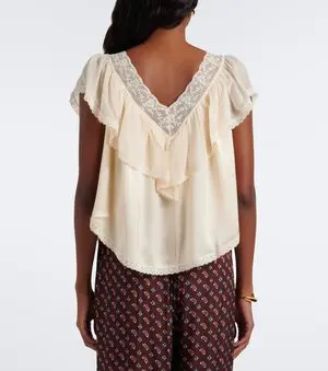 DÔEN Yadira Lace-trimmed Ruffled Silk Blouse - White