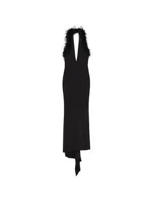 Blumarine Marabou-trim Plunge-neck Maxi Dress - Black