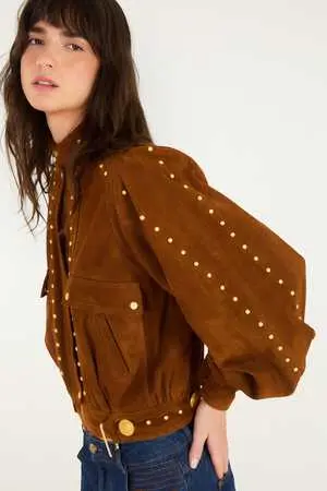 Farm Rio Riveted Buttoned Leather Jacket - Brown
