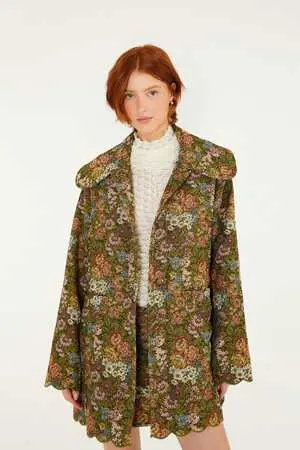 Farm Rio Flower Jacquard Lapel Trench Coat - Green