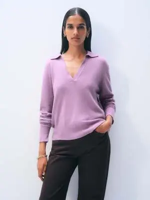WHITE & WARREN Cashmere Polo Sweater In Size - Soft Plum
