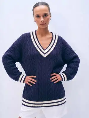 WHITE & WARREN Varsity Cotton V Neck Sweater In Size In Cotton/polyester - Navy