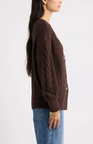 Bp. Relaxed Cable Stitch V-neck Cardigan - Brown Coffee