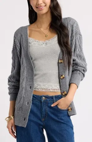 Bp. Relaxed Cable Stitch V-neck Cardigan - Grey Cloudy Heather
