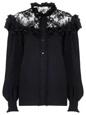 Chloé High-neck Blouse With Ruffles In Crêpe De Chine And Lace - Black
