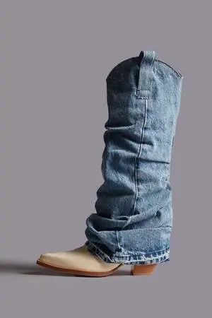 R13 Mid Cowboy Boots With Denim Sleeve - Blue
