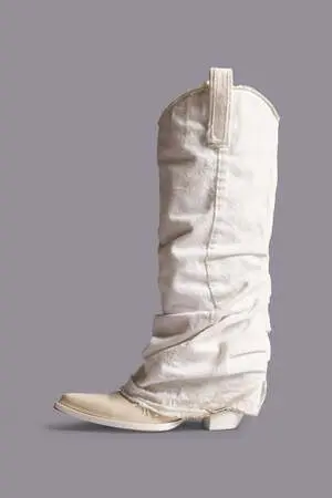 R13 Mid Cowboy Boots With Denim Sleeve - White
