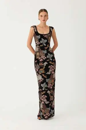 SAU LEE Brooke Embroidered Gown - Black Multi
