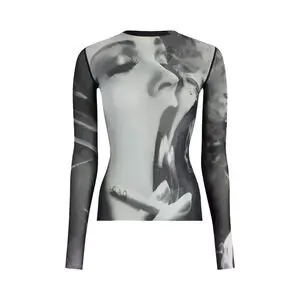 JEAN PAUL GAULTIER Mesh Long Sleeves Top Printed "smoking Women" /grey/white - Black