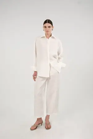 NOCTURNE Neutrals Linen Drawstring Trousers - White