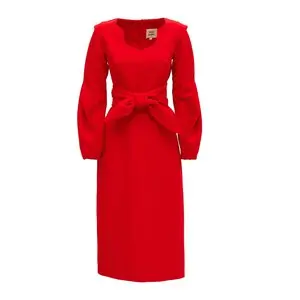 JULIA ALLERT Designer Fitted Midi Dress With Belt - Red
