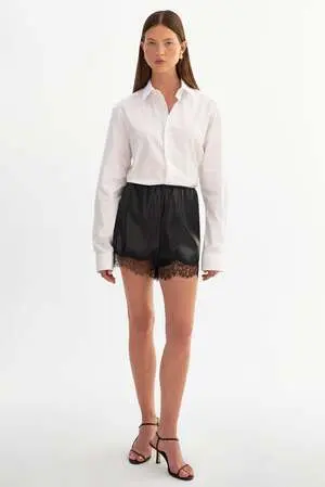 LAMARQUE Farah Lace Trim Faux Leather Shorts - Black