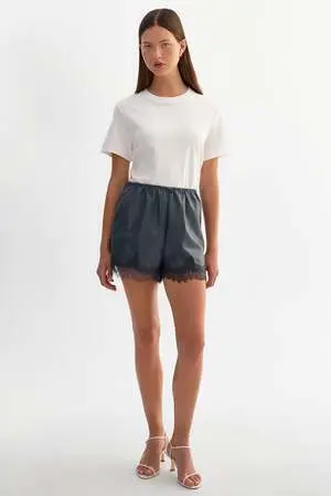 LAMARQUE Farah Lace Trim Faux Leather Shorts Graphite