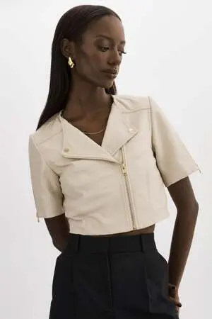 LAMARQUE Kirsi Gold Cropped Biker Jacket - Bone