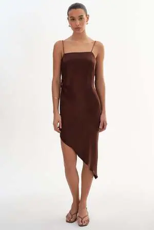 LAMARQUE Ashley Asymmetric Satin Dress - Brown