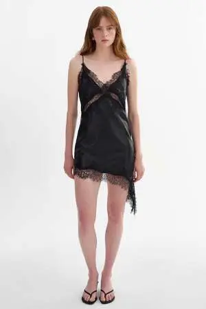 LAMARQUE Paulina Lace Trim Faux Leather Mini Dress - Black