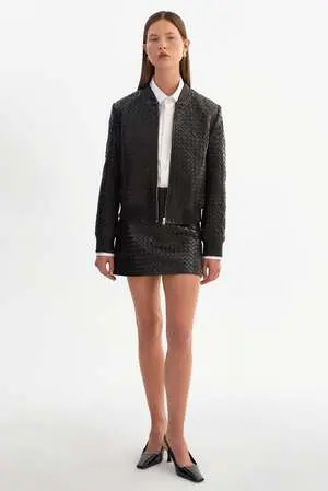 LAMARQUE Serena Leather Basket Weave Mini Skirt - Black