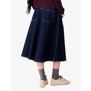 Maje Flared Denim Midi Skirt