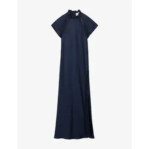Claudie Pierlot Victorian-collar Lace-trim Satin Maxi Dress - Navy