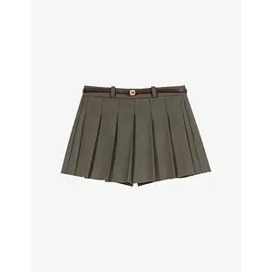 Maje Pleated Belted-waist Stretch Wool-blend Mini Skirt - Khaki