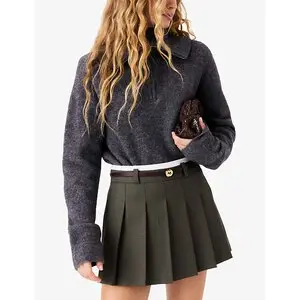 Maje Pleated Belted-waist Stretch Wool-blend Mini Skirt