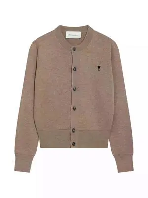 AMI Paris Beige Crewneck Wool Cardigan With De Coeur - Neutrals