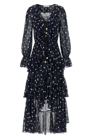 SELF-PORTRAIT Polka Dot Georgette Ruffle Maxi' Dress - Blue
