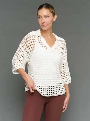 Carbon38 Open Knit Polo Sweater - White