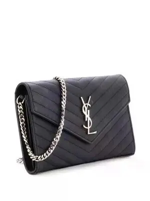 Saint Laurent Classic Monogram Wallet On Chain Matelasse Chevron Leather Medium Crossbody Bag - Black