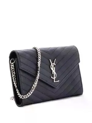 Saint Laurent Classic Monogram Wallet On Chain Matelasse Chevron Leather Medium Crossbody Bag - Black