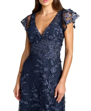 Mac Duggal Petite Floral Embroidered Lace Flutter Sleeve Gown - Midnight