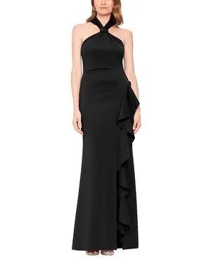 Aqua Knot Neck Pleated Waist Gown - Exclusive Black