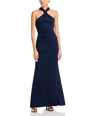 Aqua Knot Neck Pleated Waist Gown - Exclusive Navy
