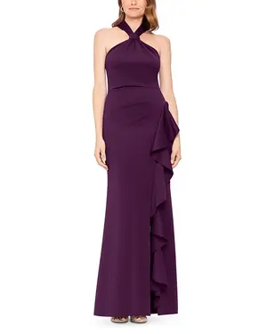 Aqua Knot Neck Pleated Waist Gown Exclusive - Plum