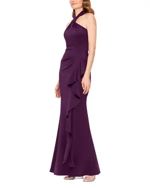Aqua Knot Neck Pleated Waist Gown Exclusive - Plum