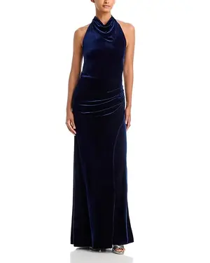 Aqua Drape Halter Ruched Back Velvet Gown Exclusive - Navy