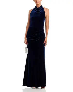 Aqua Drape Halter Ruched Back Velvet Gown Exclusive