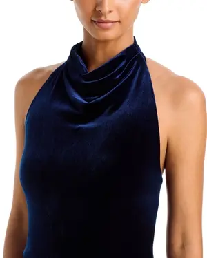 Aqua Drape Halter Ruched Back Velvet Gown Exclusive