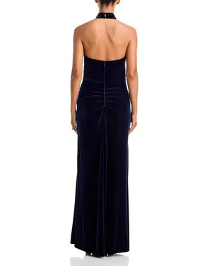 Aqua Drape Halter Ruched Back Velvet Gown Exclusive