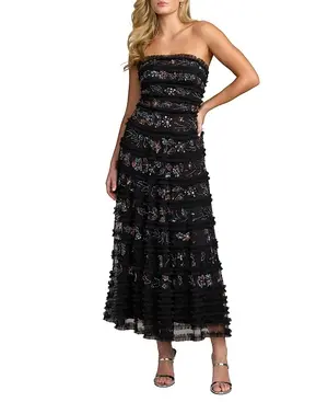 Mac Duggal Strapless Micro Ruffle Midi Dress - Black Multi