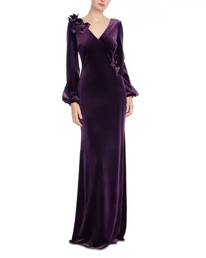 Badgley Mischka Floral Embellished Velvet Evening Gown - Amethyst