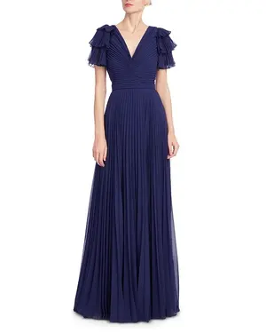 Badgley Mischka Pleated Ruffle Sleeve Gown - Navy