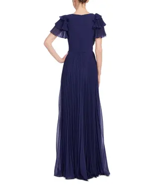 Badgley Mischka Pleated Ruffle Sleeve Gown