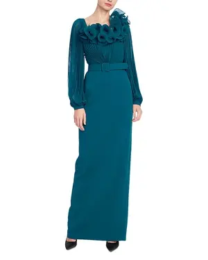 Badgley Mischka Sheer Sleeve Floral Detail Evening Gown - Black