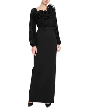 Badgley Mischka Sheer Sleeve Floral Detail Evening Gown