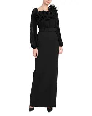 Badgley Mischka Sheer Sleeve Floral Detail Evening Gown
