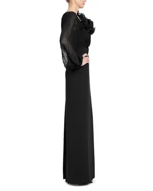 Badgley Mischka Sheer Sleeve Floral Detail Evening Gown