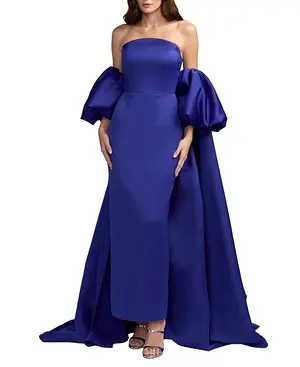 Mac Duggal Strapless Puff Sleeve Satin Gown With Cape - Cobalt