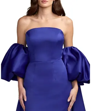 Mac Duggal Strapless Puff Sleeve Satin Gown With Cape