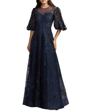 Mac Duggal Embroidered Illusion Neck Puff Sleeve A-line Gown - Midnight
